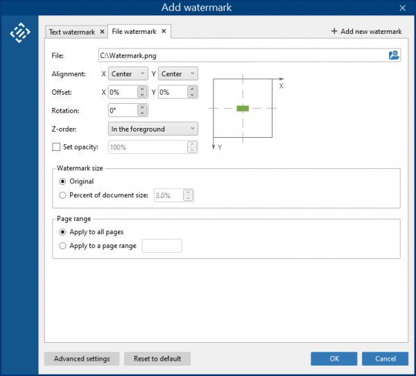 Add Text, File, or Barcode Watermark Action